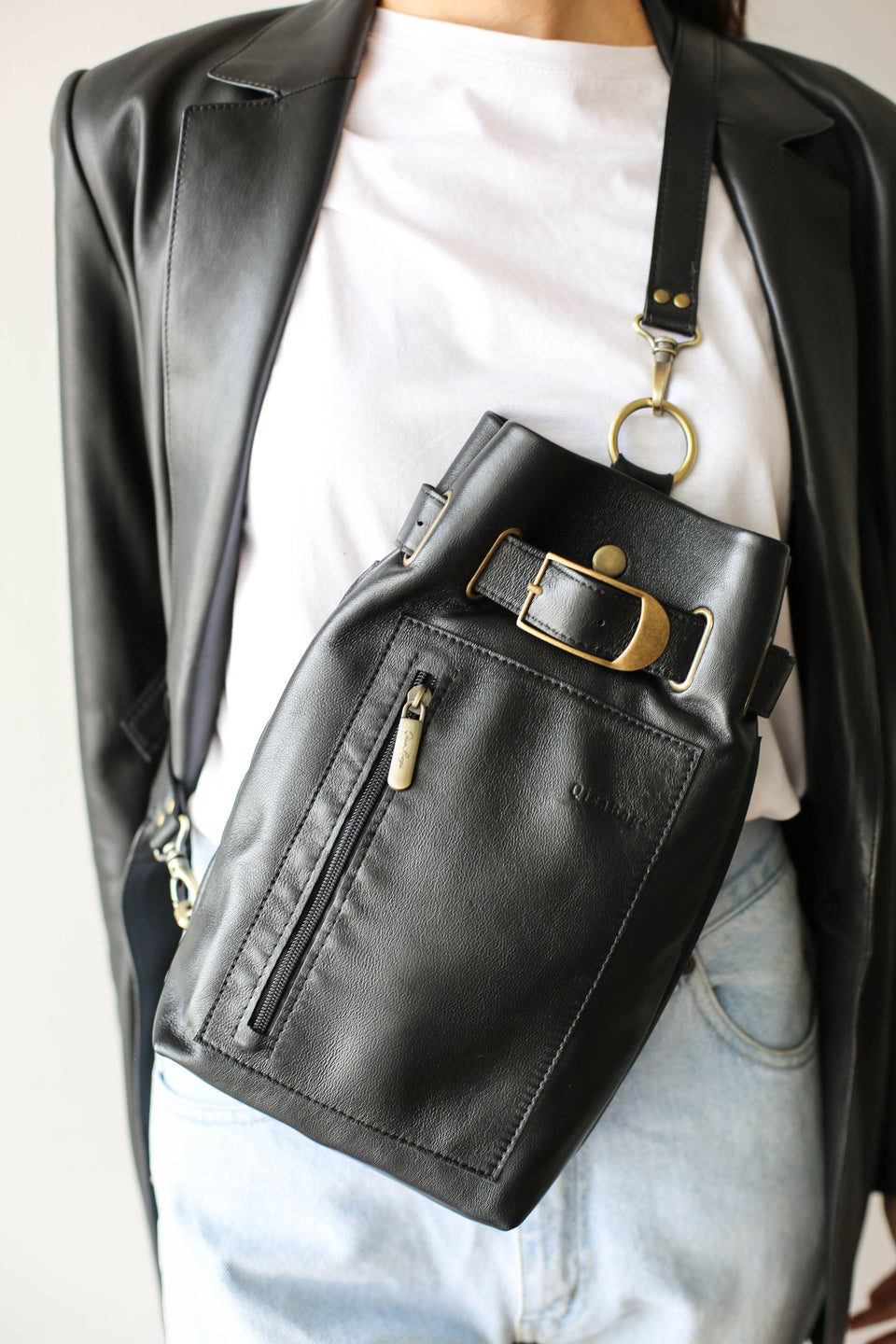 Black Leather Shoulder Bag | Leather Sling Bag - Qisabags